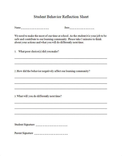 Behavior Reflection Sheet Template