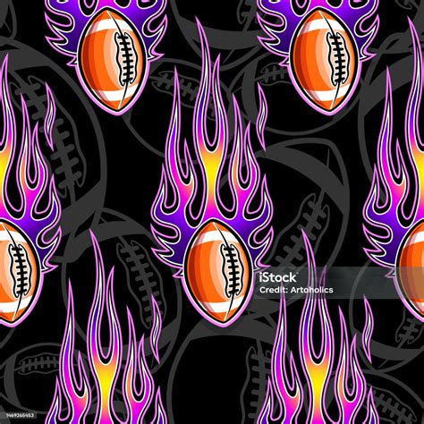 미식 축구 공과 부족 화재 불꽃 원활한 패턴 벡터 아트 이미지입니다 불타는 럭비 공은 타일 배경 벽지 질감을 반복합니다 데칼에 대한 스톡 벡터 아트 및 기타 이미지 Istock