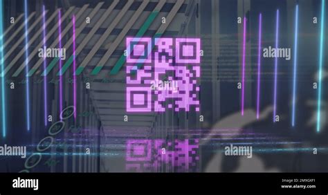 Image Of Pink Qr Code With Neon Lights And Data Processing Over Computer Server Room Stock Photo