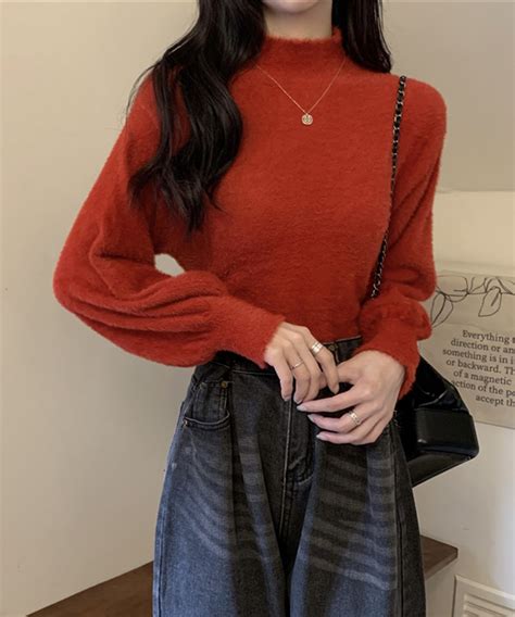 7colors 밍크 반목 니트티 목폴라 로우숄더 벌룬 긴소매 페이크퍼 브러쉬드 단색 솔리드 반목폴라 풀오버 스웨터 니트탑