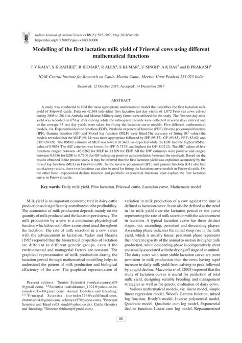 Pdf Modelling Of The First Lactation Milk Yield Of Frieswal Cows Using Different Mathematical