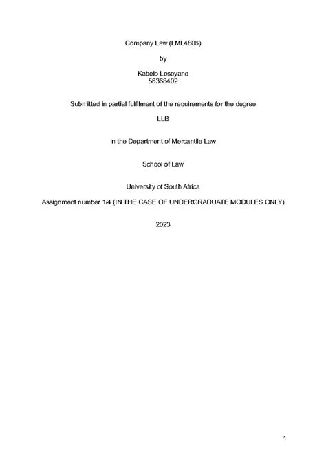 Company Law Assignment Company Law LML By Kabelo Leseyane Submitted In