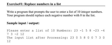 Solved Exercise 1 Replace Numbers In A List Write A Program Chegg Com