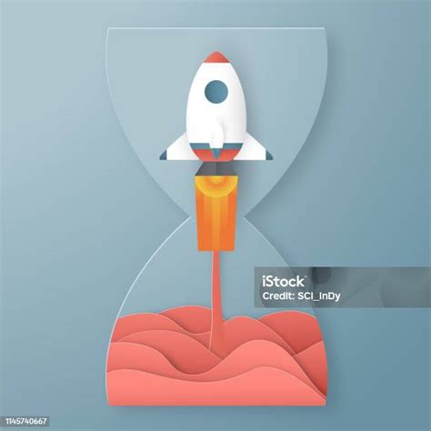 종이 절단 공예 및 종이 접기 스타일에서 시작 개념 벡터 일러스트 레이 션 로켓은 파란 하늘을 날고 있다 웹 배너 포스터 표지 광고에 대 한 템플릿 디자인입니다 아이 들을