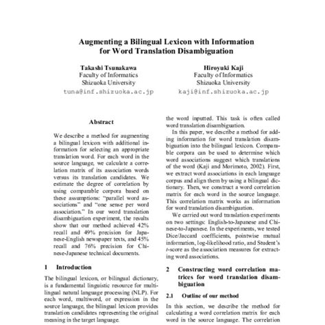 Augmenting A Bilingual Lexicon With Information For Word Translation Disambiguation Acl Anthology