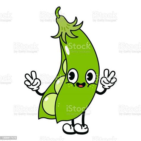 귀여운 재미있는 완두콩 흔들리는 손 캐릭터 벡터 손으로 그린 전통 만화 빈티지 복고풍 카와이 캐릭터 일러스트 레이 션 아이콘 흰색 배경에 고립되어 있습니다 완두콩 포드