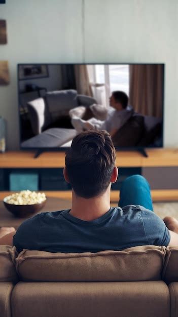 Back View Of A Man Sitting On A Couch Watching Movie On His Big Flat