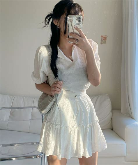 위시모어 당일발송블라우스스커트 Set어깨패드 줄리엣 퍼프 여름 블라우스 스커트 세트 요루 주름 크롭블라우스 캉캉스커트 투피스