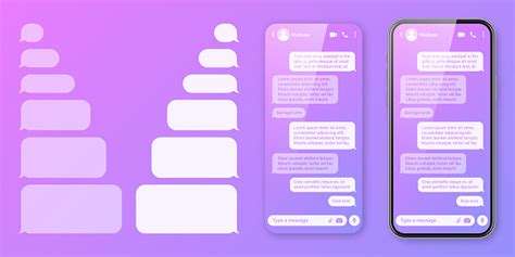 화려한 보라색 배경에 메시징 앱이 있는 현실적인 스마트폰 빈 Sms 텍스트 프레임입니다 투명한 메시지 거품이 있는 채팅 화면 소셜 미디어 응용 프로그램 벡터 그림 Brand