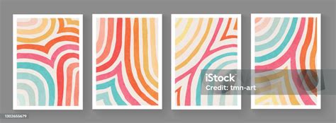 미니멀 한 손 페인트 포스터 세트 중반 세기 현대 일러스트 다채로운 줄무늬 작품 추상 커버 디자인 현대 미술 벽에 대한 스톡
