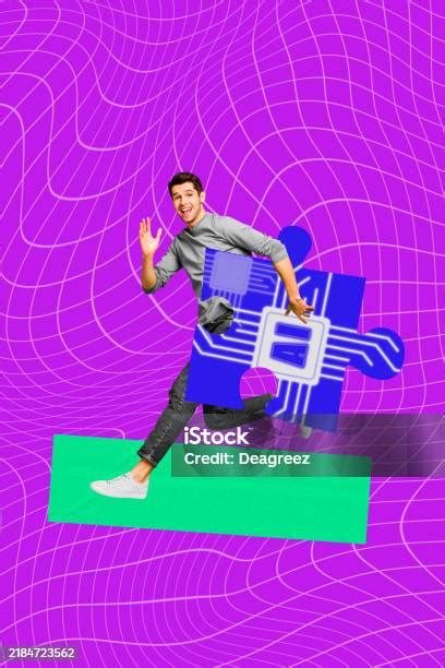 합성 이미지 몽타주 트렌드 삽화 3d 콜라주 의 젊은 남자 학생 운영 팔 보류 조각 퍼즐 전자 훔치기 데이터 마이크로 칩 과학