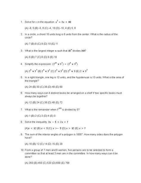 AMC 10 Practice test for Math club Solve for x in the equation 𝑥 2 3𝑥 40 A 8 5 B 5