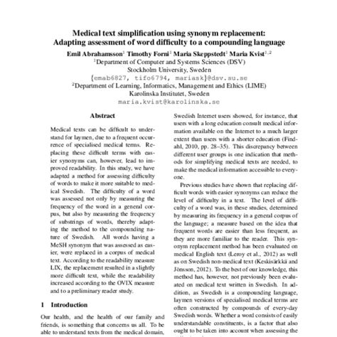 Medical Text Simplification Using Synonym Replacement Adapting Assessment Of Word Difficulty To