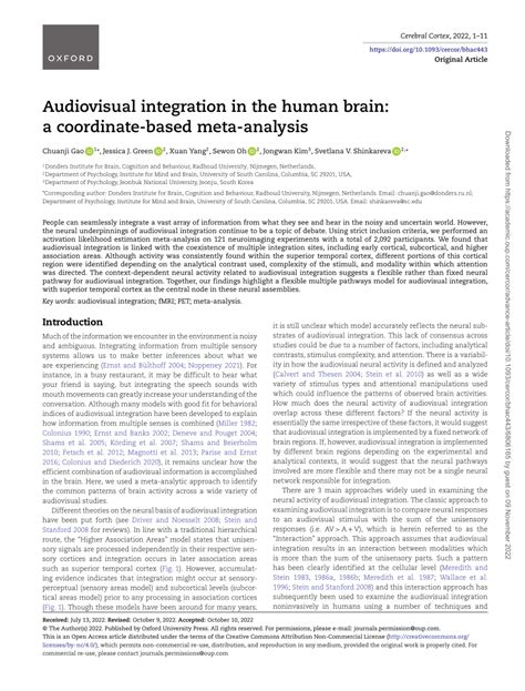 Pdf Audiovisual Integration In The Human Brain A Coordinate Based