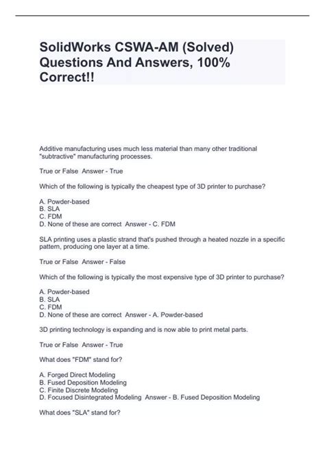 Solidworks Cswa Am Solved Questions And Answers 100 Correct