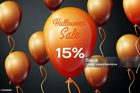 검은 배경에 할인에 대한 비문 할로윈 판매 15 와 현실적인 오렌지 발롱 다채로운 스티커 판매 배너 쇼핑 비즈니스 테마 벡터 일러스트레이션 10월에 대한 스톡 벡터 아트 및