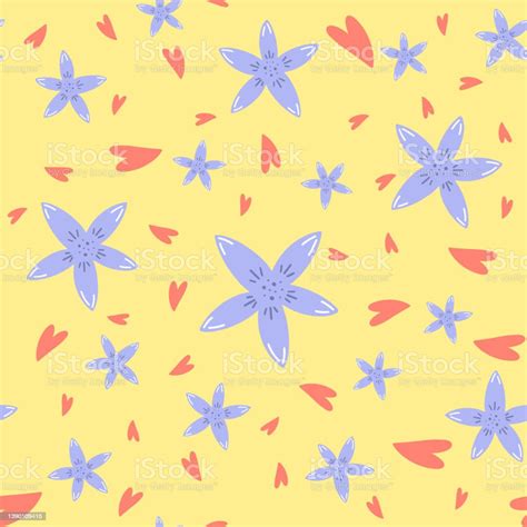 꽃 심장 및 잎 원활한 패턴 스칸디나비아 스타일의 배경 직물 디자인 선물 종이 아기 옷 섬유 카드를위한 벡터 일러스트 레이 션 귀여운에 대한 스톡 벡터 아트 및 기타 이미지