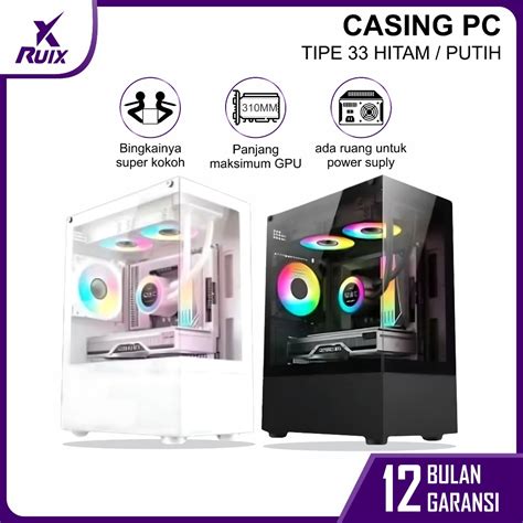 Jual Ruix Casing Pc Gaming 33 White Black Micro Atx Mid Tower 3 Kipas Rgb Untuk Rakitan Pc