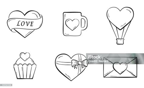 손으로 그린 발렌타인 데이 세트 사랑 심장 열기구 케이크 및 봉투 기호 발렌타인 데이 디자인을위한 요소 감정에 대한 스톡 벡터 아트 및 기타 이미지 Istock