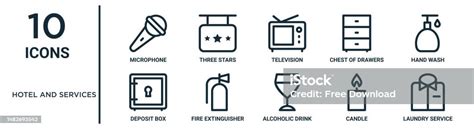 호텔 및 서비스 개요 아이콘 세트에는 얇은 라인 마이크 텔레비전 손 씻기 소화기 촛불 세탁 서비스 보고서 프리젠 테이션