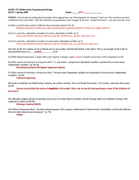 10 Questions With Key Of Multivariate Experimental Design Quiz 1
