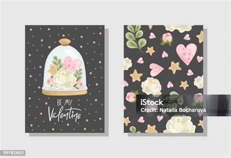 꽃 과자 가지 낭만적 인 요소와 필기 텍스트와 발렌타인 데이 인사말 카드의 집합입니다 벡터 그림입니다 초대 인사 인사말 포스터에 대한 템플릿입니다 2월에 대한 스톡 벡터