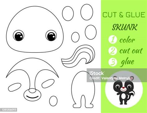 색칠 공부 는 아기 스컹크를 잘라 접착제 유치원 어린이를위한 교육 종이 게임 워크시트를 잘라내고 붙여넣습니다 종이에 색상 절단