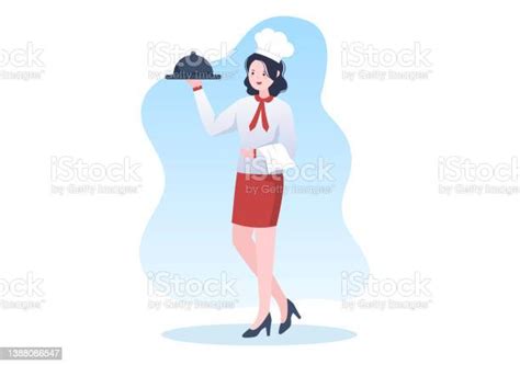 포스터 나 배경에 적합한 맛있는 음식을 제공하기 위해 다른 트레이와 음식과 전문 요리사 만화 캐릭터 요리 그림 귀여운에 대한 스톡 벡터 아트 및 기타 이미지 Istock