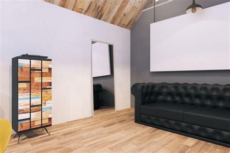 빈 프레임과 소파를 가진 현대적인 사무실 인테리어 모크업 3d 렌더링 프리미엄 사진