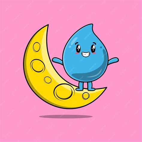 평평한 현대적인 디자인으로 초승달에 서 있는 귀여운 만화 물방울 캐릭터 프리미엄 벡터