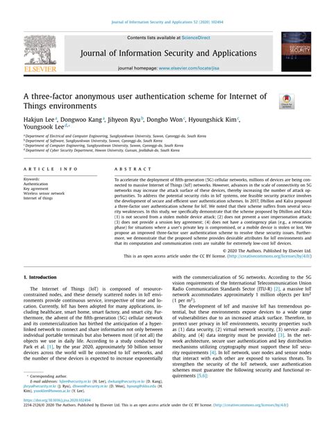 pdf a three factor anonymous user authentication scheme for internet of things environments