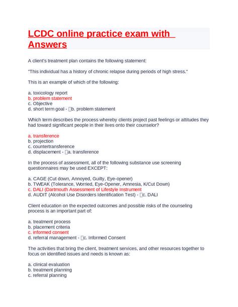 Lcdc Online Practice Exam With Answers Exams Nursing Docsity