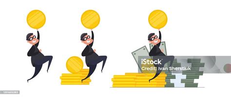 포스터 및 프리젠 테이션을 위해 설정합니다 두 강도는 금화를 훔친다 두 도둑이 돈을 훔치고 있다 강도 및 보안 개념 격리 벡터