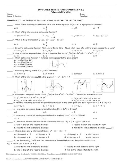 Summative Test In Math 10 21 Pdf Pdf Polynomial Zero Of A Function
