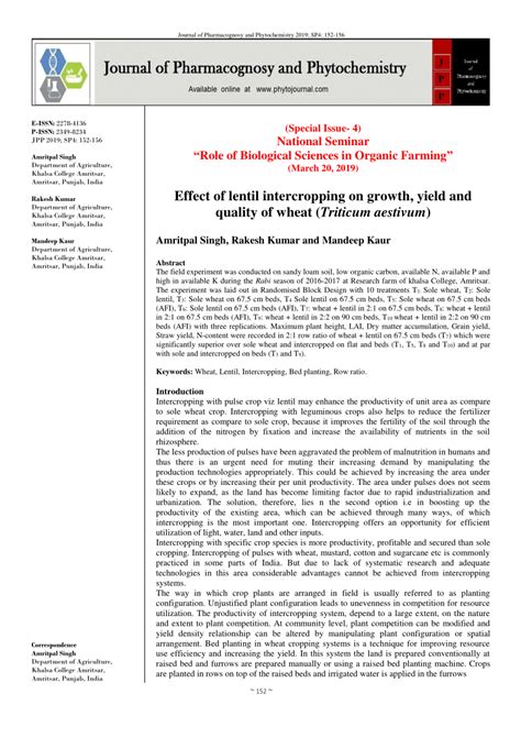 Pdf Effect Of Lentil Intercropping On Growth Yield And Quality Of