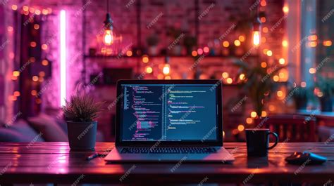 Premium Photo An Open Screen Laptop Hanging Over A Desk With Coding Or Programming Software