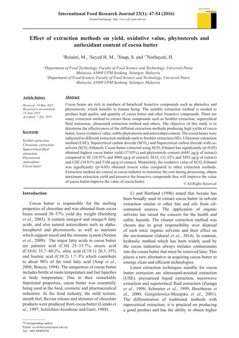 PDF Effect Of Extraction Methods On Yield Oxidative Value Phytosterols And Antioxidant