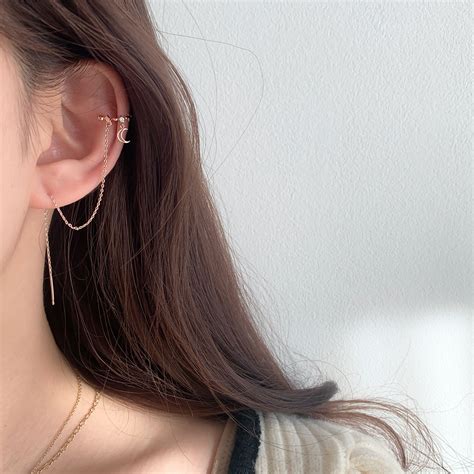 베스타주얼리 러블리 데일리 체인 드롭 투핀 별달 이어커프 실버 귀걸이