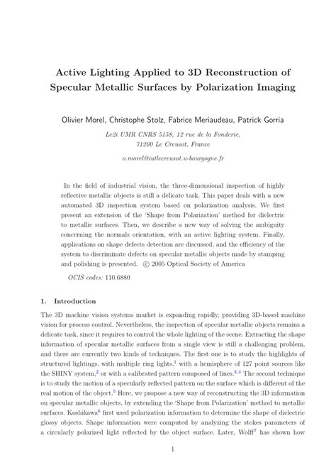 Pdf Active Lighting Applied To Three Dimensional Reconstruction Of Specular Metallic Surfaces