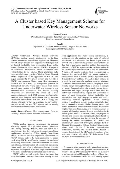 a cluster based key management scheme for underwater wireless sensor