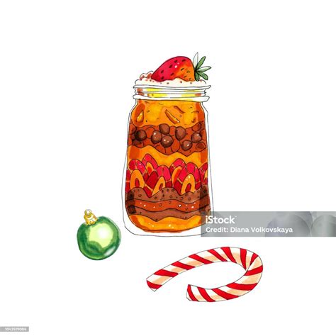 크리스마스 트리 볼와 줄무늬 사탕 유리 용기에 딸기와 초콜릿 오렌지 크림 레이어 디저트 0명에 대한 스톡 벡터 아트 및 기타