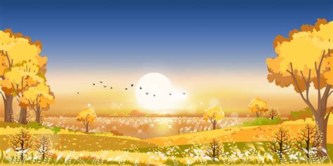 아침에 호수에 의해 가을 풍경 원더 랜드 오렌지 단풍의 중간 가을 자연 농장 필드에서 산 뒤에 일몰과 아름다운 파노라마 바다 풍경과 가을 시즌 가을에 대한 스톡 벡터 아트