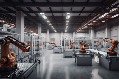 Industrial Warehouse With Robots Working In Unison To Sort And Pack