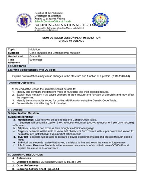 Lesson Plan Demo Mutation Pdf Genetic Code Mutation
