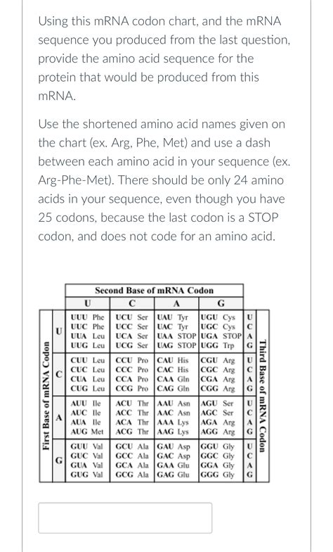 Solved Using This Mrna Codon Chart And The Mrna Sequence