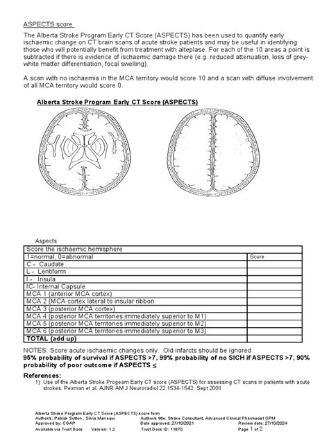 Alberta Stroke Program Early Ct Score Aspects Score Form V1 1 Pdf