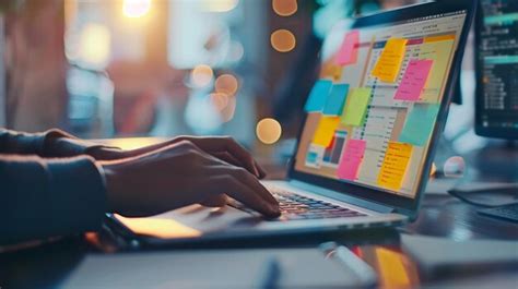 Business Developer Using Kanban Board Framework On Laptop Computer Agile Software Development