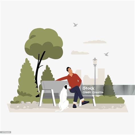 흰색 배경에 고립 된 휴식 동료 관계 및 야외 여가를 상징하는 평면 벡터 일러스트 레이 션에서 개와 함께 공원 벤치에 앉아있는 남자 가축에 대한 스톡 벡터 아트 및 기타