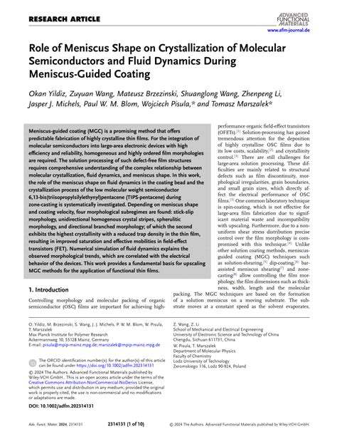 Pdf Role Of Meniscus Shape On Crystallization Of Molecular Semiconductors And Fluid Dynamics