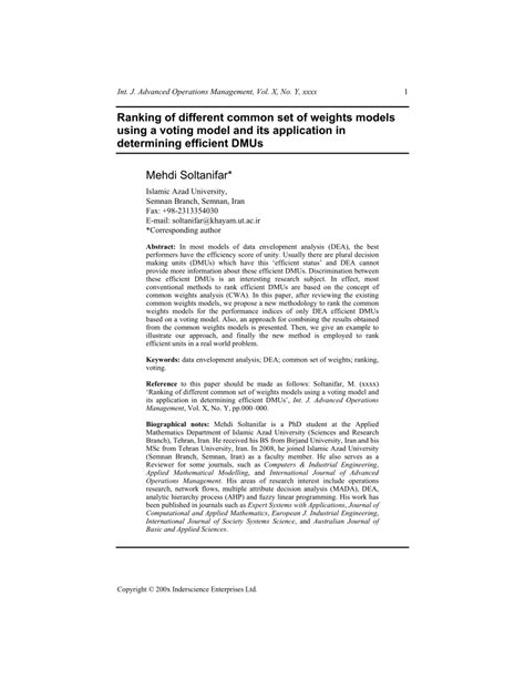 Pdf Ranking Of Different Common Set Of Weights Models Using A Voting Model And Its Application